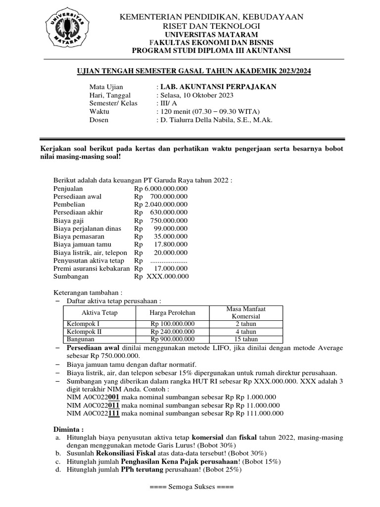 Soal UTS 60% Lab. Akuntansi Perpajakan Kelas A | PDF