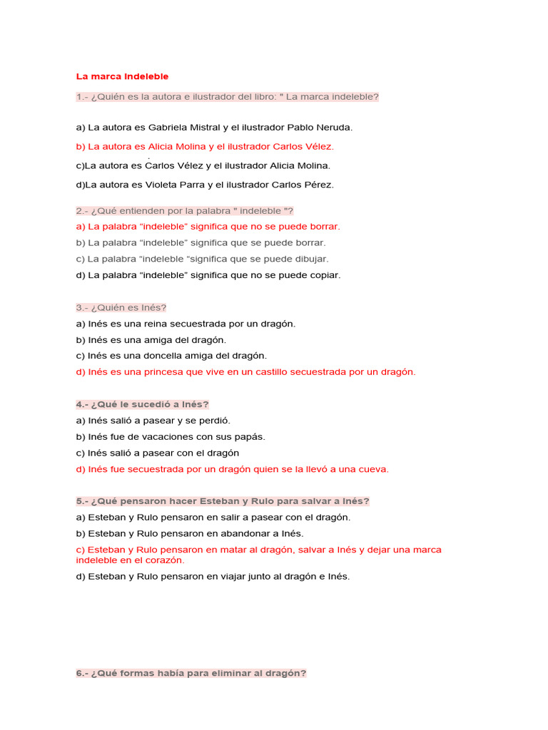 Prueba de Comprensión Lectora La Marca Indeleble (1) | PDF