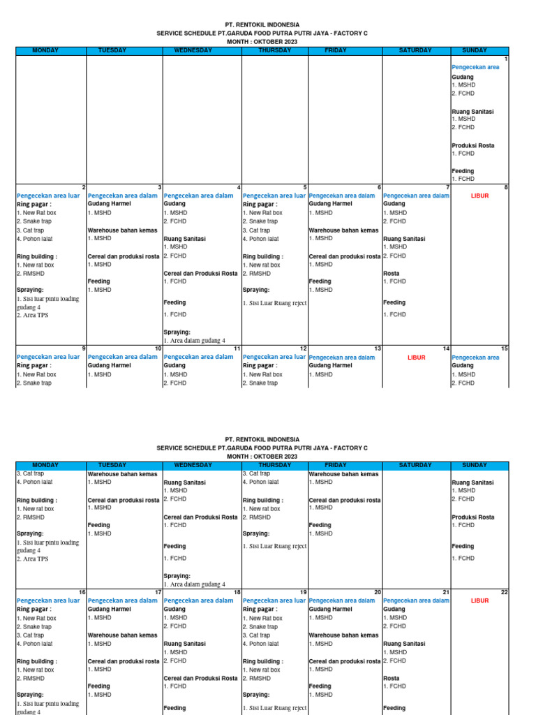 Schedule Garuda Food (Factory C) - Oktober 2023 | PDF