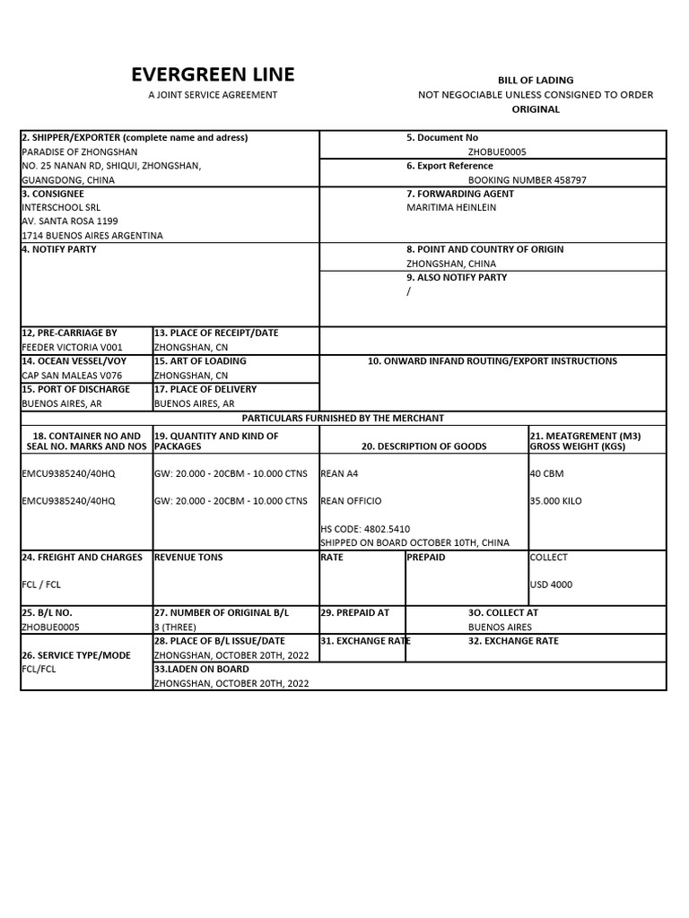 Evergreen Line: Not Negociable Unless Consigned To Order | PDF | Cargo ...