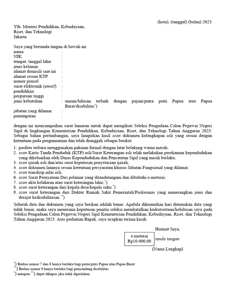 Format Surat Lamaran CPNS 2023 | PDF Format Surat Lamaran CPNS 2023 | PDF