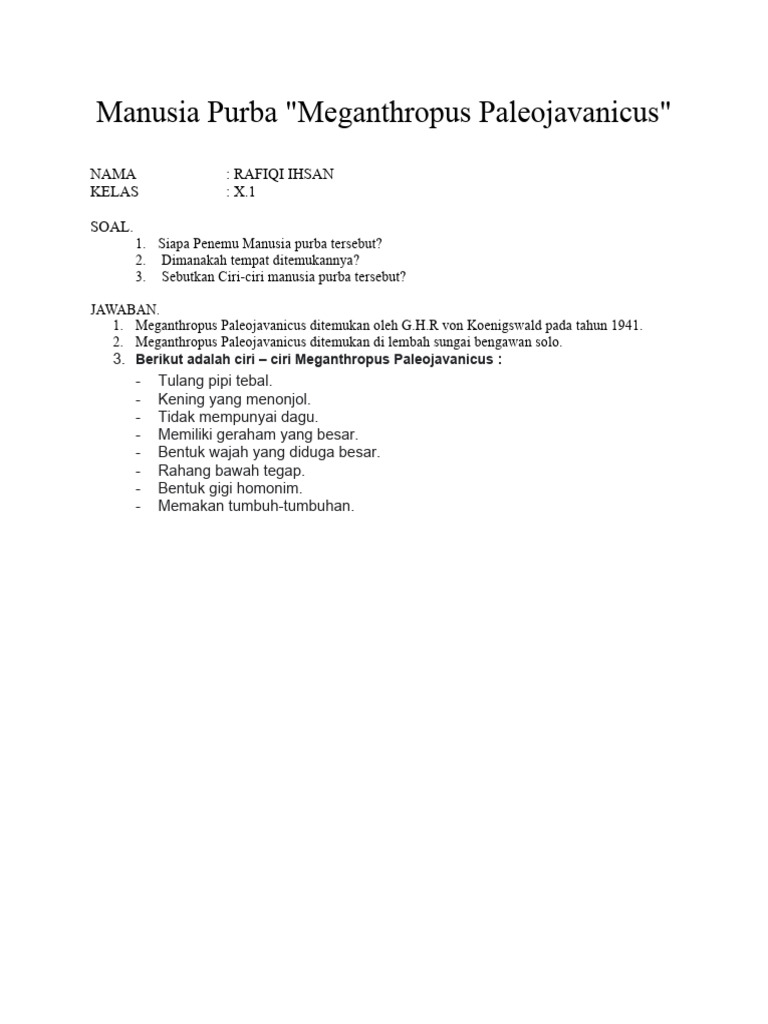 Manusia Purba Meganthropus Paleojavanicus (RAFIQI IHSAN X.1) | PDF