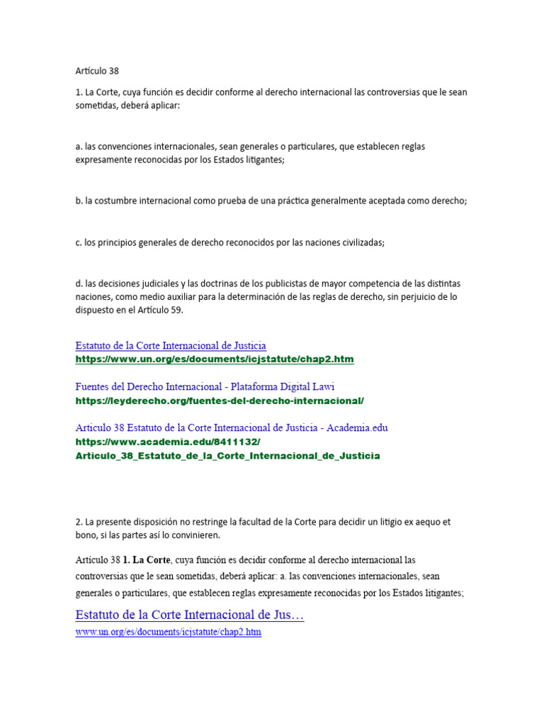 Fuentes del Derecho en el Artículo 38 CIJ | PDF
