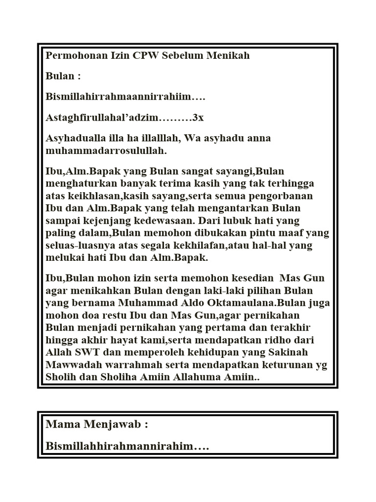 Teks Izin Nikah CPW & Dialog Ijab Qobul Bulan & Aldo | PDF