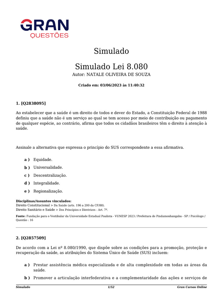 Simulado Lei 8.080 | PDF