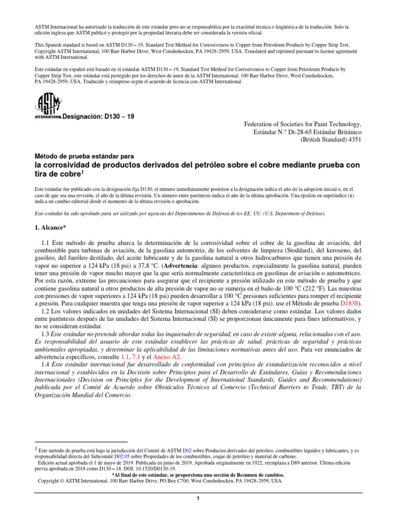 ASTM D130 Método de Prueba Estándar para La Corrosividad de Productos Derivados Del Petróleo ...