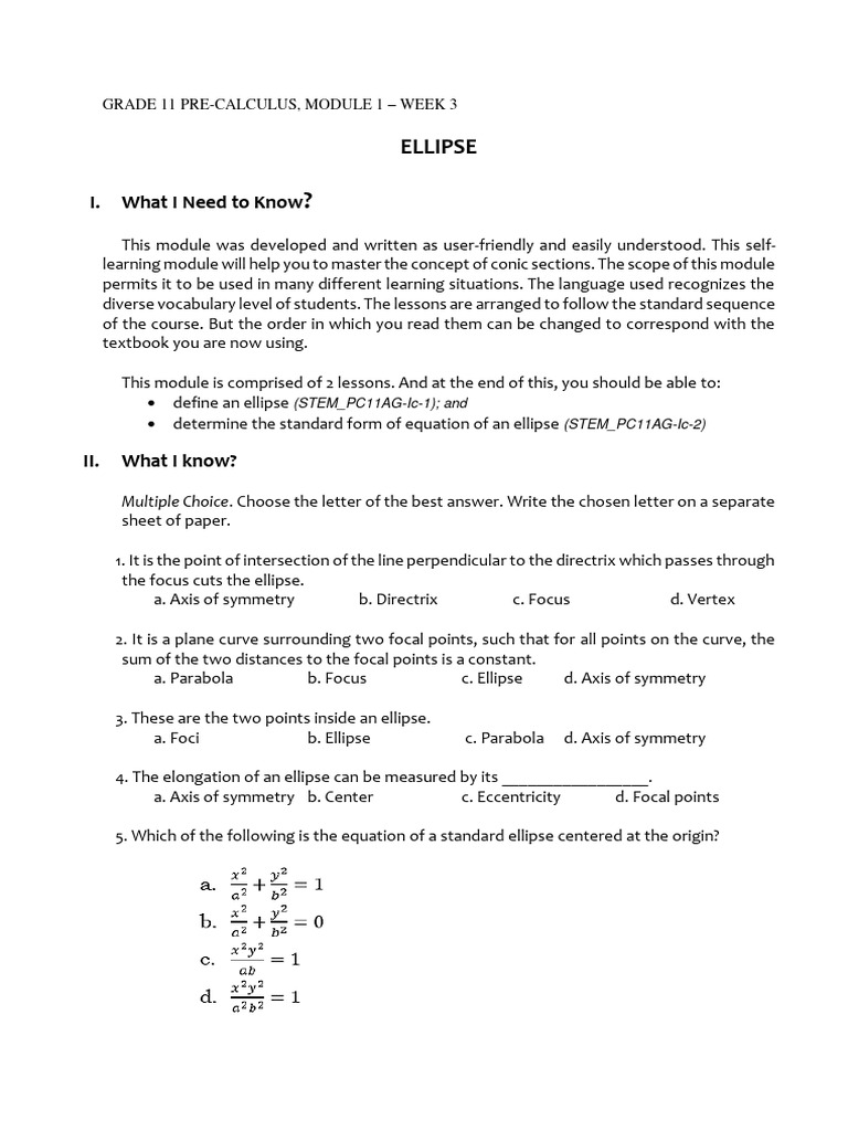 PRE-CALCULUS_MODULE - Week 3 | PDF | Ellipse | Manifold