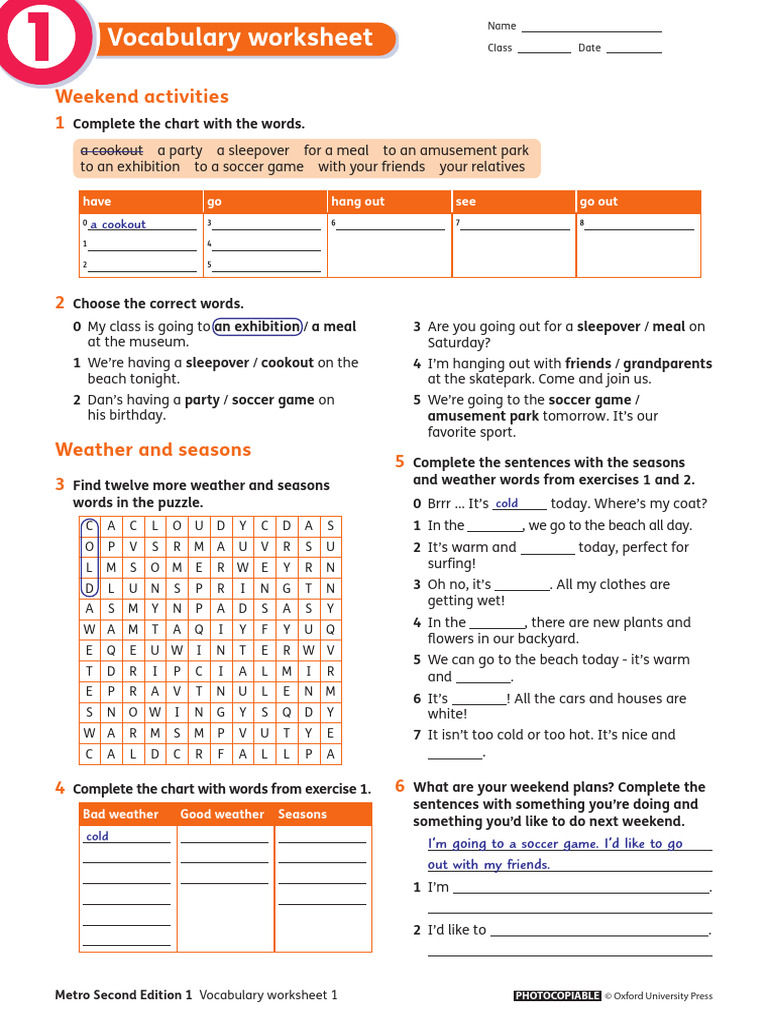 Metro2e L1 Vocabulary Worksheets 1 8 | PDF