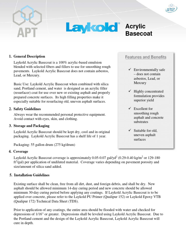 Laykold Acrylic Bascoat TDS - 032720 | PDF | Concrete | Road Surface