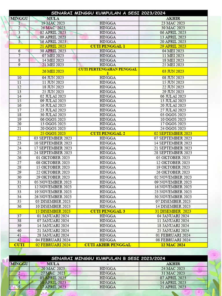 Takwim Dan Senarai Minggu 20232024 | PDF