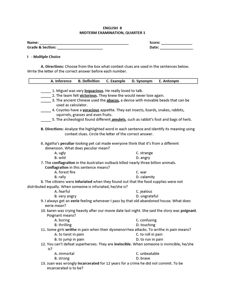 English 8 Midterm Exam Q1 | PDF