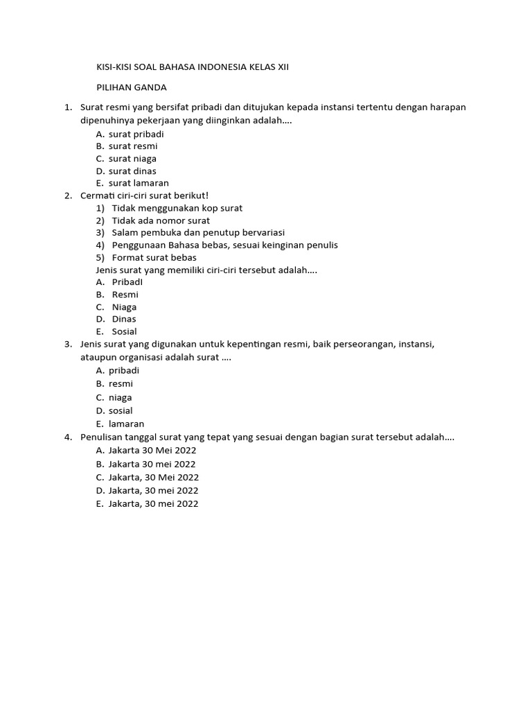 Kisi-Kisi Soal PTS B.indo Kelas Xii Ganjil 2023-2024 | PDF