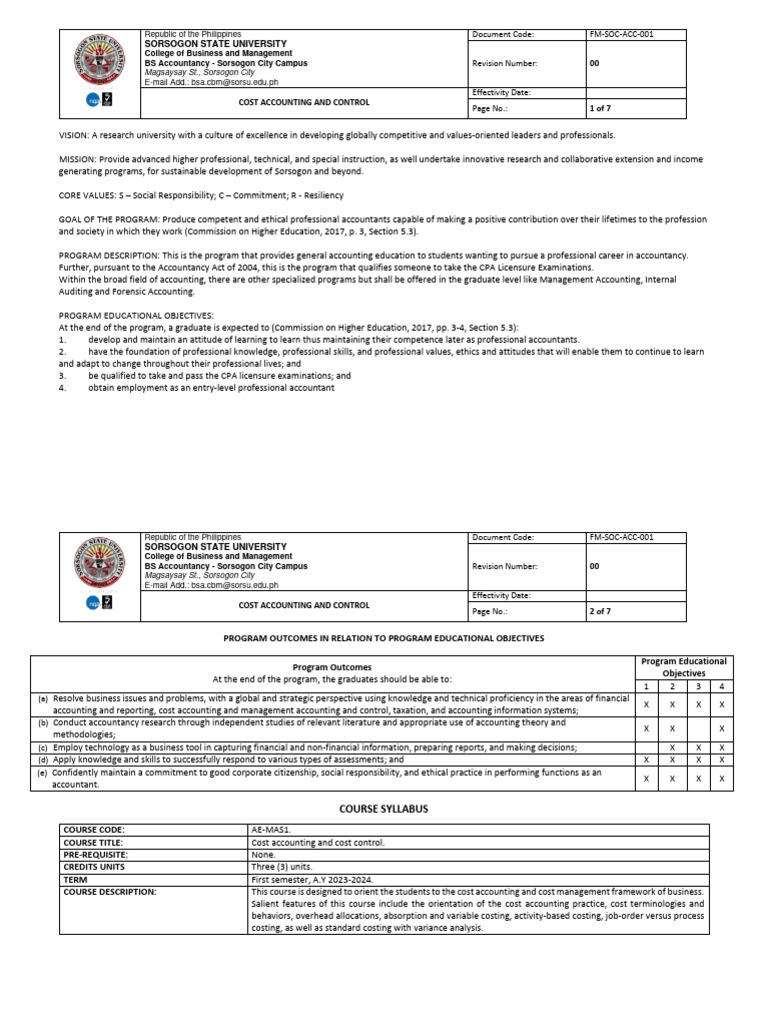 Draft Cost Accounting and Control Syllabus | PDF | Accounting ...