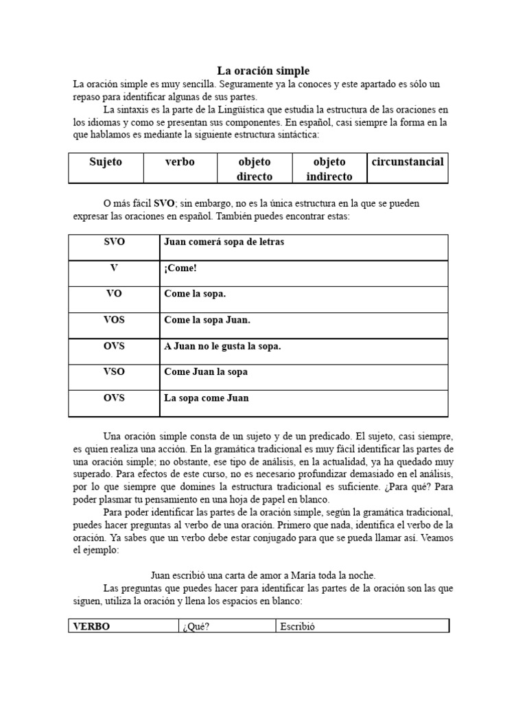 La Oracion Simple | PDF | Oración (Lingüística) | Verbo