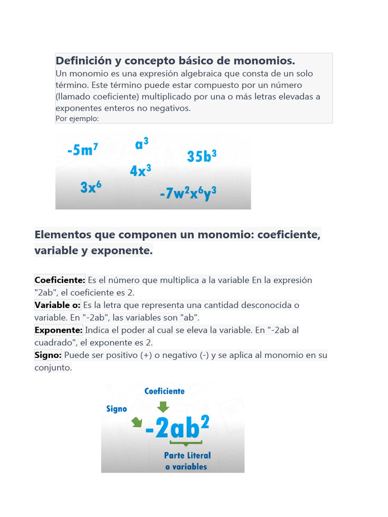 Definición y Concepto Básico de Monomios | PDF