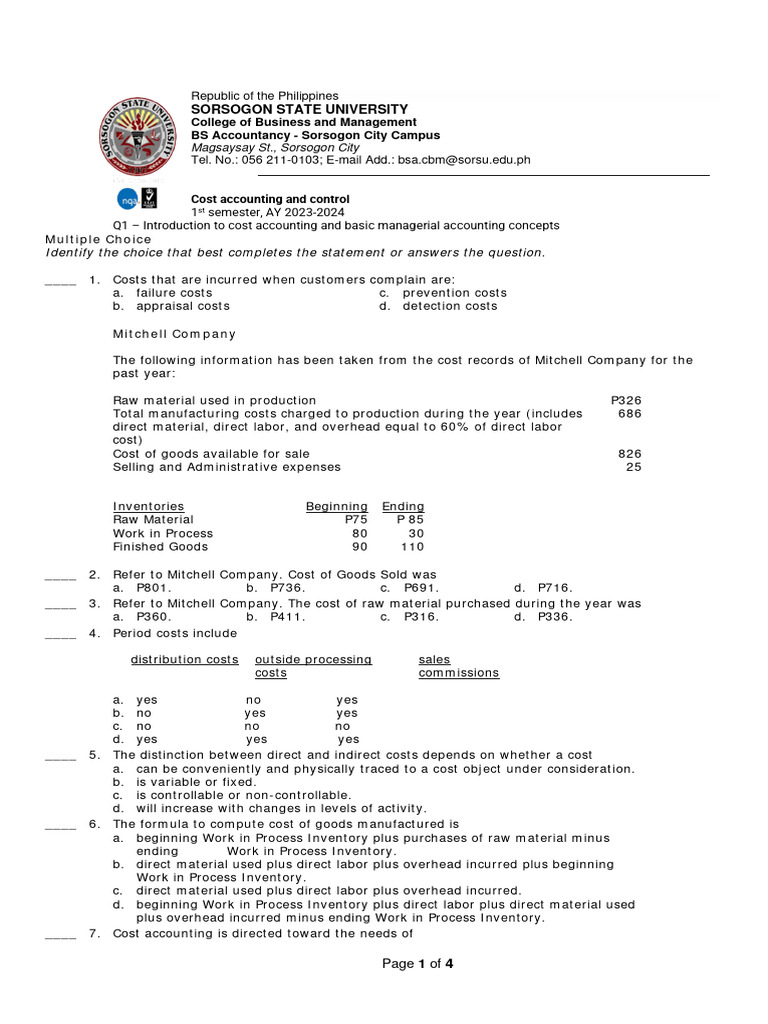Q1 Intro To Cost Acctg And Basic Managerial Acctg Concepts Pdf Cost Of Goods Sold Cost