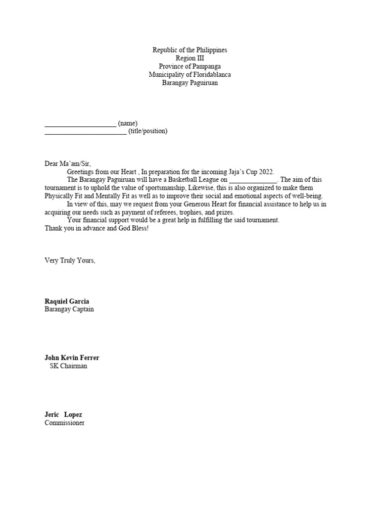 Request Letter and Solicitation For Basketball League | PDF