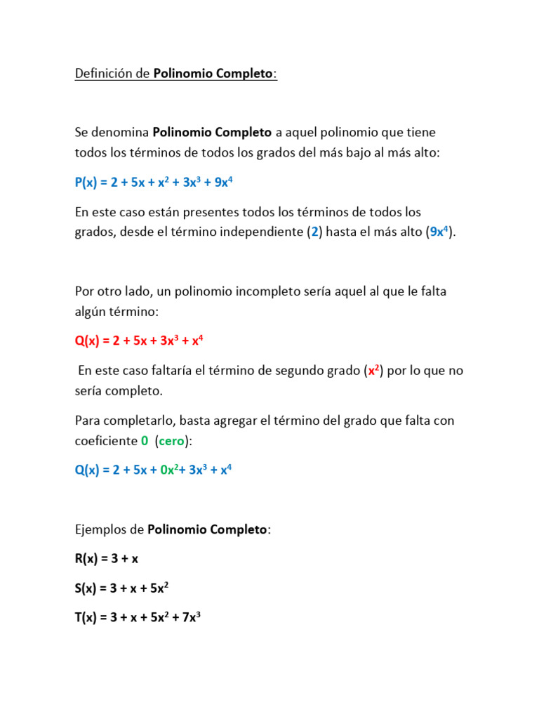 Definición de Polinomio Completo y Ordenado | PDF