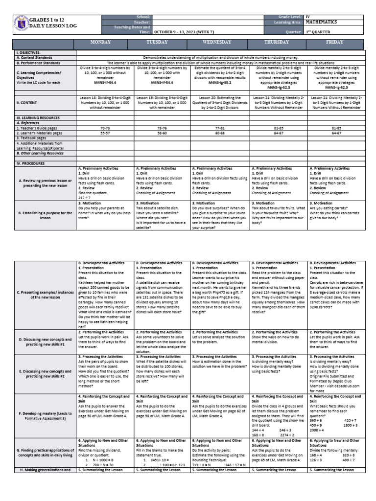 DLL - Mathematics 4 - Q1 - W7 | PDF | Division (Mathematics) | Cognitive Science