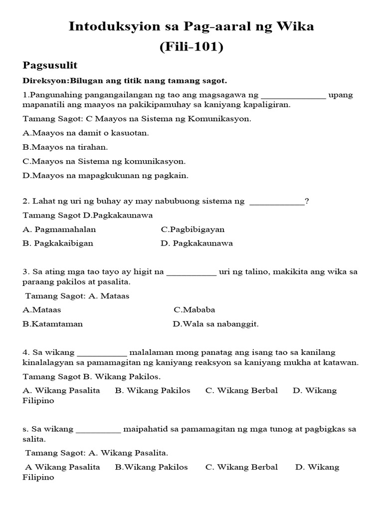 Introduksyon Sa Pag-Aaral NG Wika Pagsusulit | PDF Introduksyon Sa Pag-Aaral NG Wika Pagsusulit | PDF