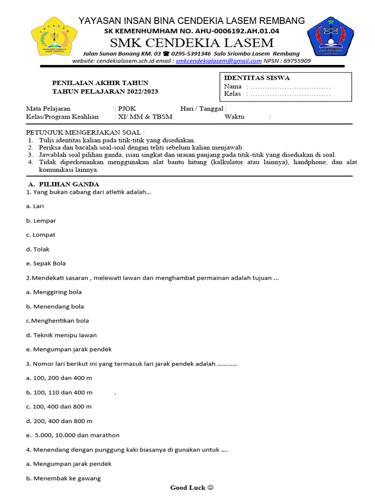 Form Soal PAS 2022-2023 CENDEKIA PJOK | PDF | Olahraga & Rekreasi