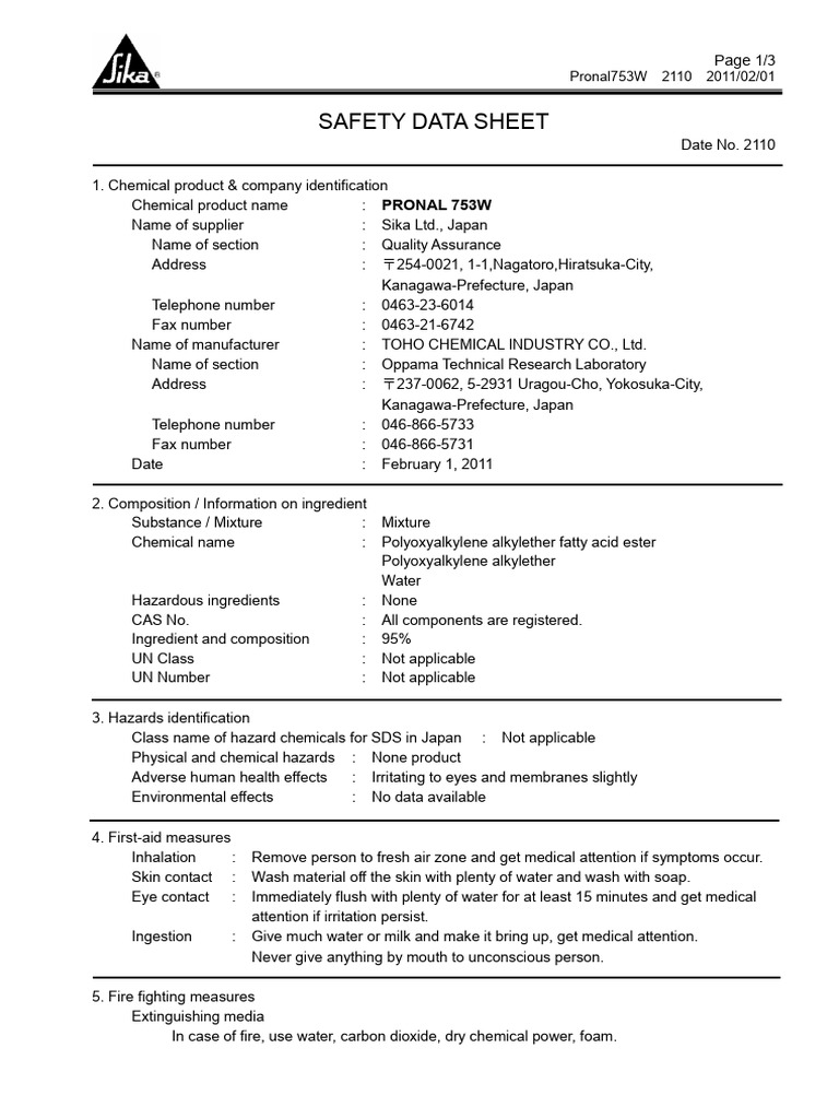 MSDS-Pronal 753W EN | PDF | Water | Firefighting