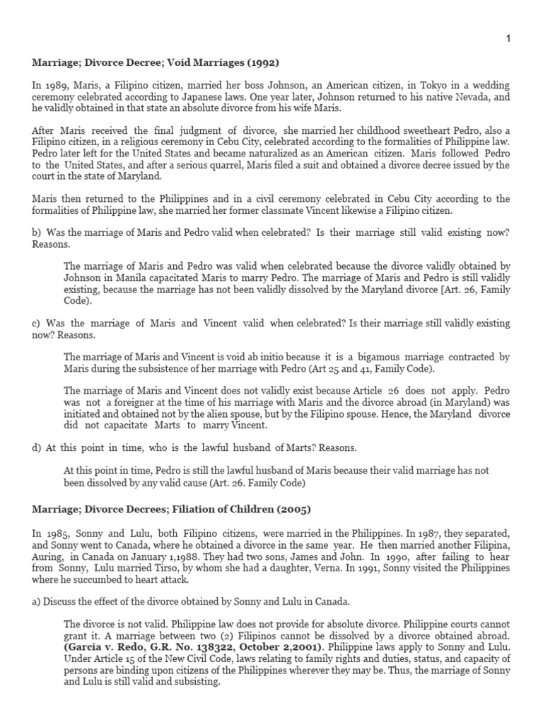 Sample Questions and Answers - Marriages | PDF | Annulment | Marriage