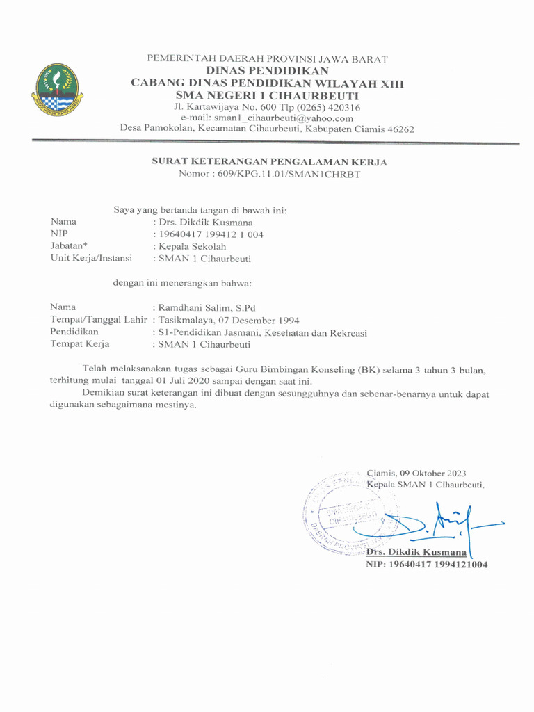 Surat Keterangan Pengalaman Kerja Ramdhani | PDF