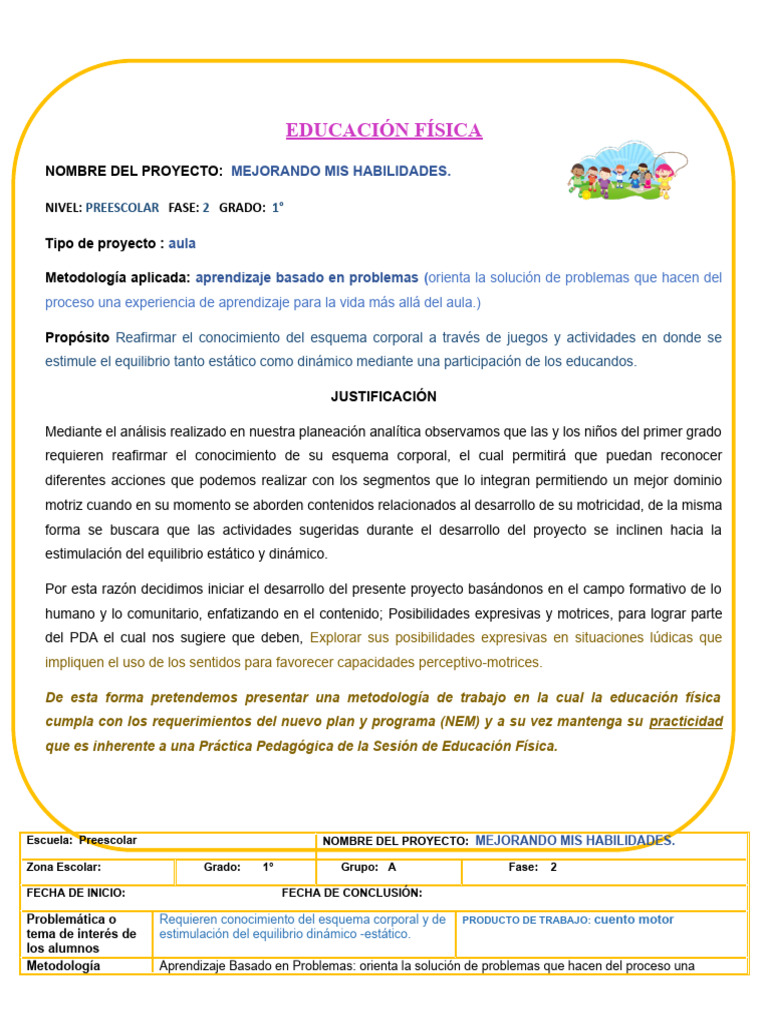 1° Grado Preescolar Proyecto de Educacion Fisica | PDF | Educación de la primera infancia ...