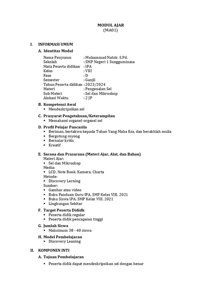 Modul Ajar 01 Sel Dan Mikroskop | PDF