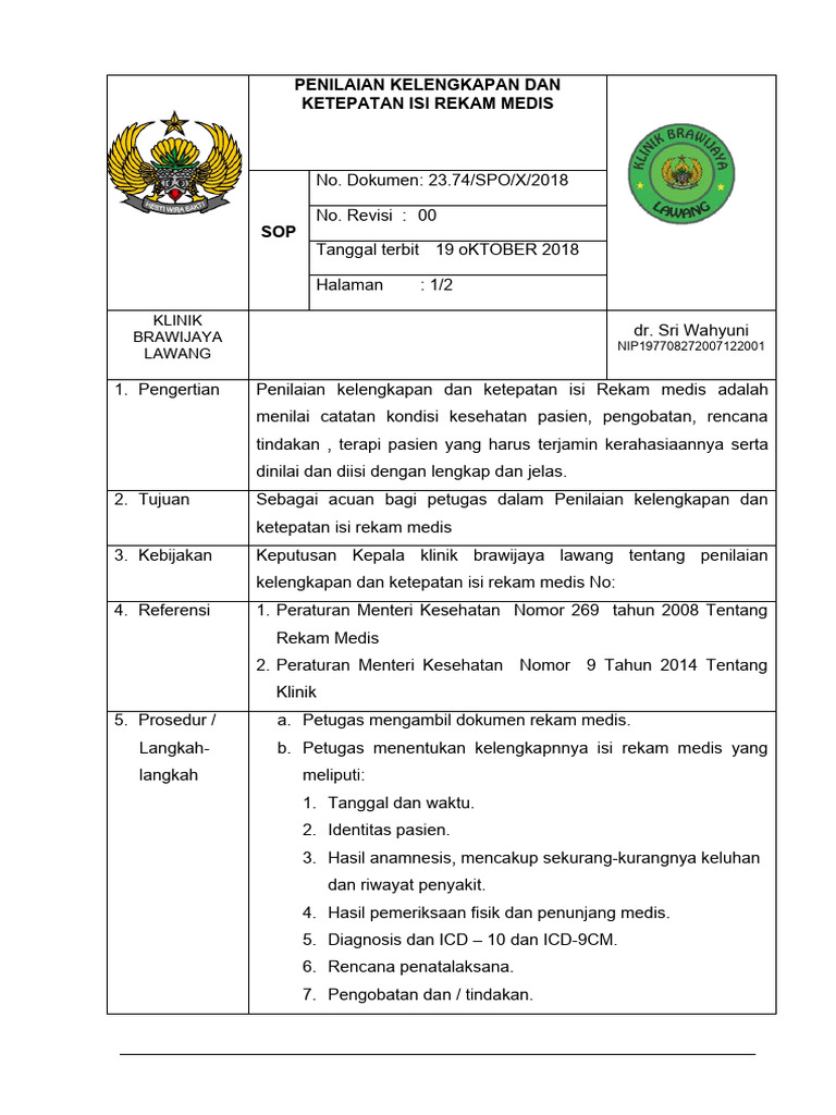 3.4.4.2 Sop Penilaian Kelengkapan Dan Ketepatan Isi Rekam Medis | PDF