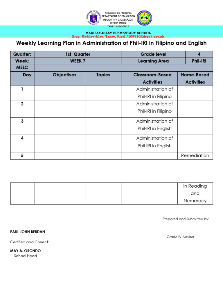 Weekly Learning Plan for Grade 4 | PDF | Science | Cognition