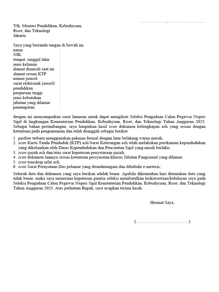 Format Surat Lamaran CPNS 2023 | PDF Format Surat Lamaran CPNS 2023 | PDF