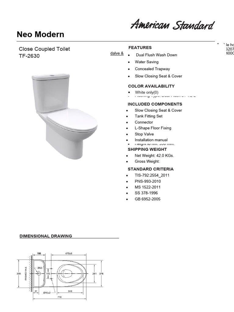 Specification Sheet - Neo Modern - CC Toilet | PDF | Manufactured Goods | Equipment