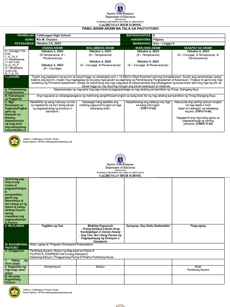 DLL Filipino 9 - Week 6 | PDF