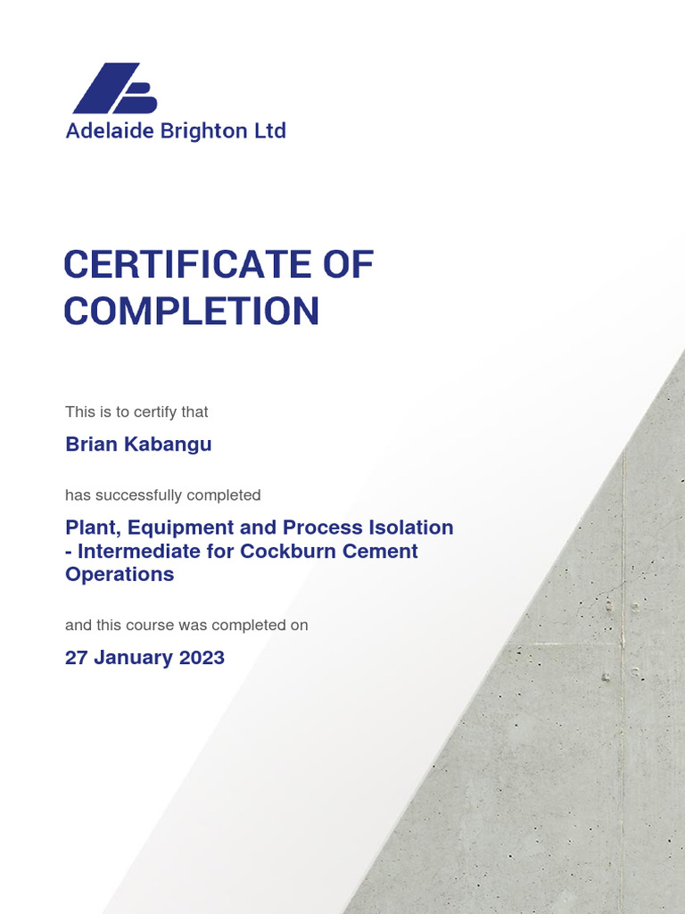 Plant, Equipment and Process Isolation Intermediate For Cockburn Cement ...
