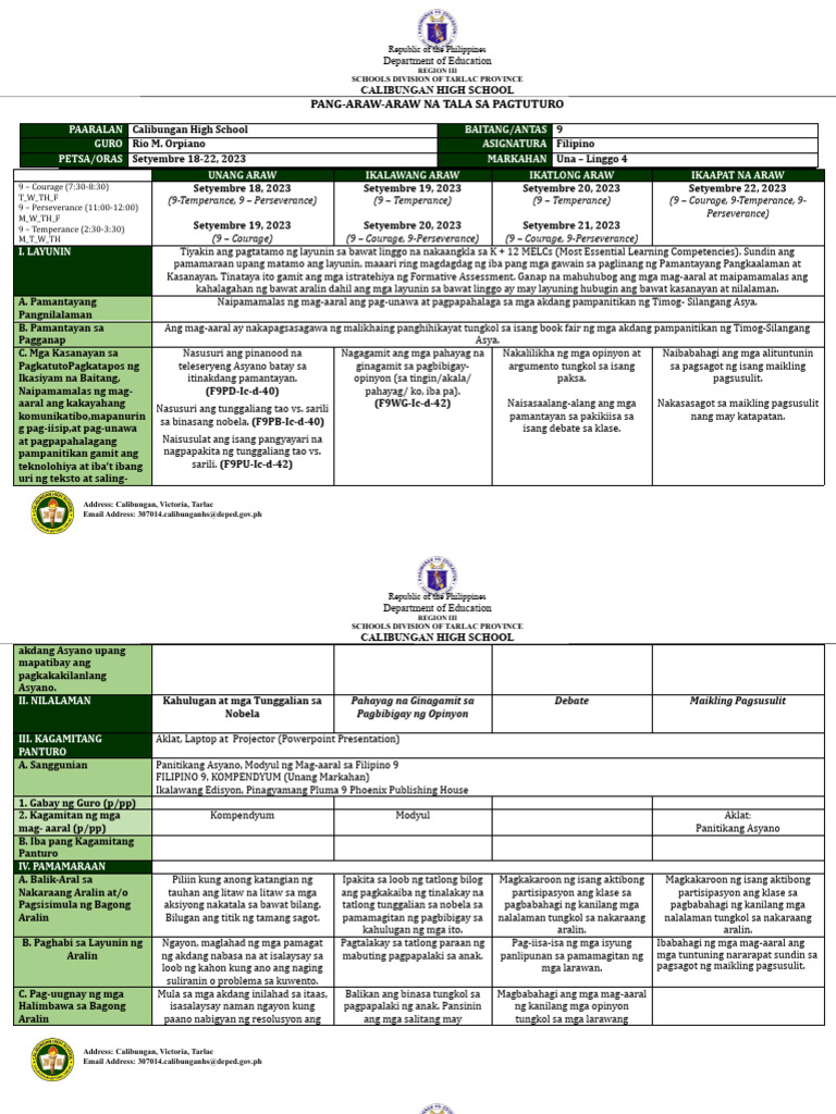 DLL FILIPINO 9 - WEEK 4 | PDF