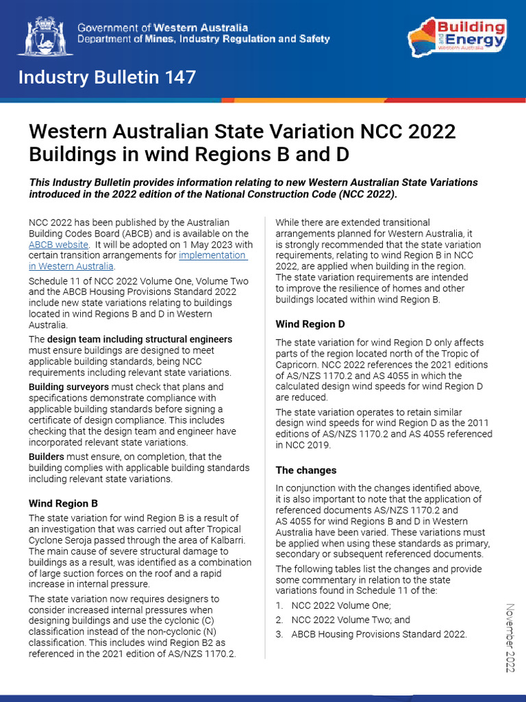 Ib 147 - Western Australian State Variation NCC 2022 - Buildings in Wind Regions B and D 0 | PDF