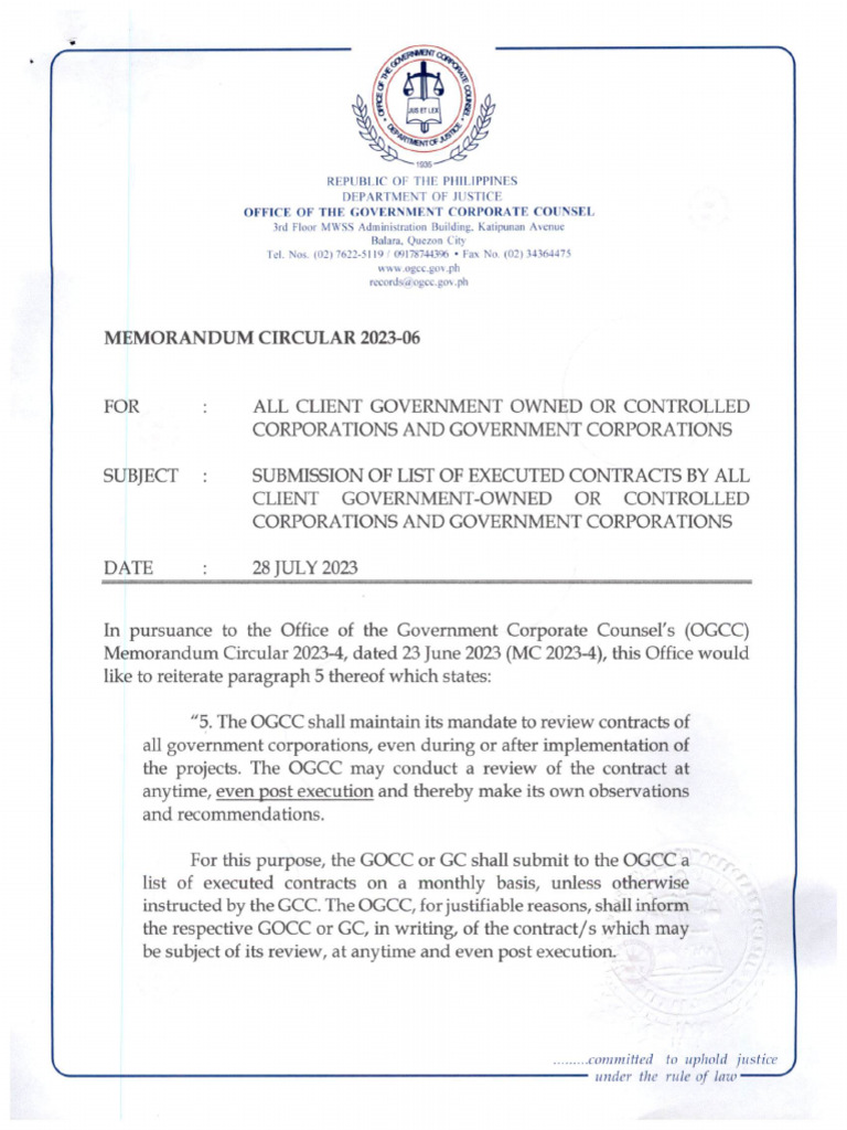 OGCC MEMORANDUM CIRCULAR 2023-06 (SUBMISSION OF LIST OF EXECUTED ...