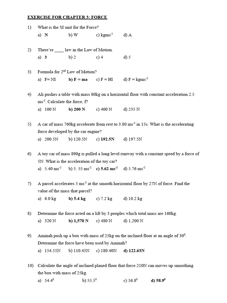Exercise For Chapter 3 Force | PDF