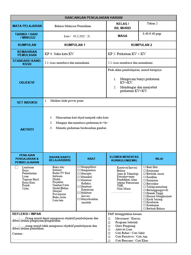 KP 4: Suku Kata KV KP 5: Perkataan KV + KV | PDF