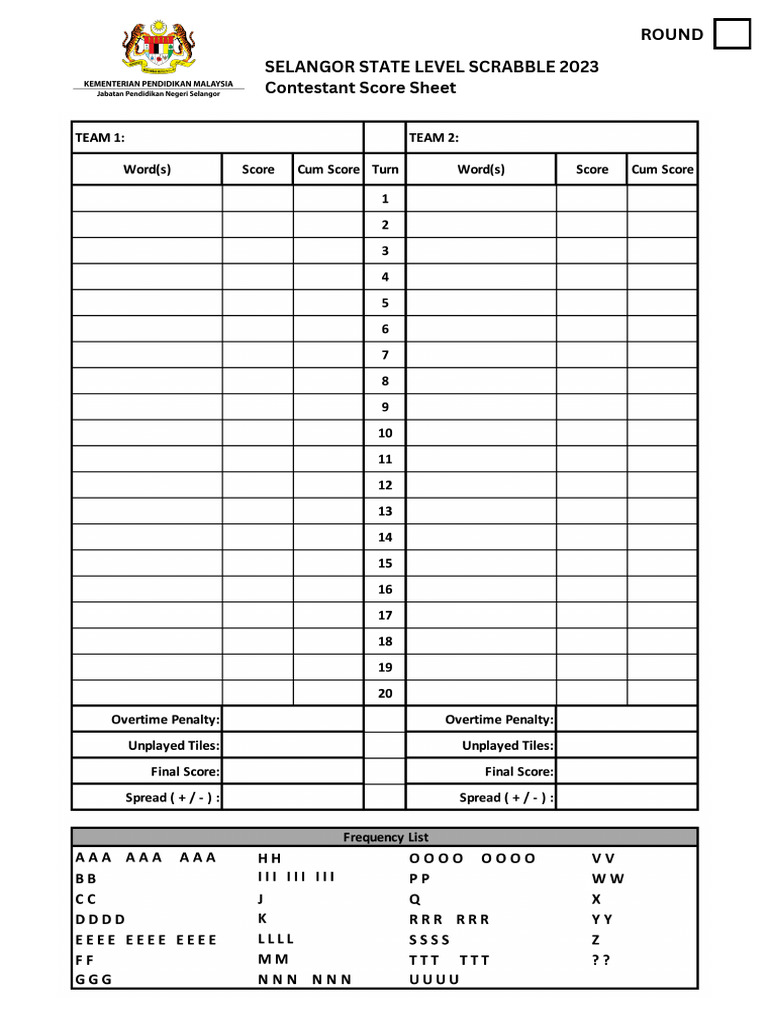 Scrabble CONTESTANT SCORE SHEET | PDF | Sports & Recreation