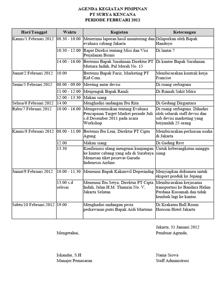 Agenda Kegiatan Pimpinan | PDF