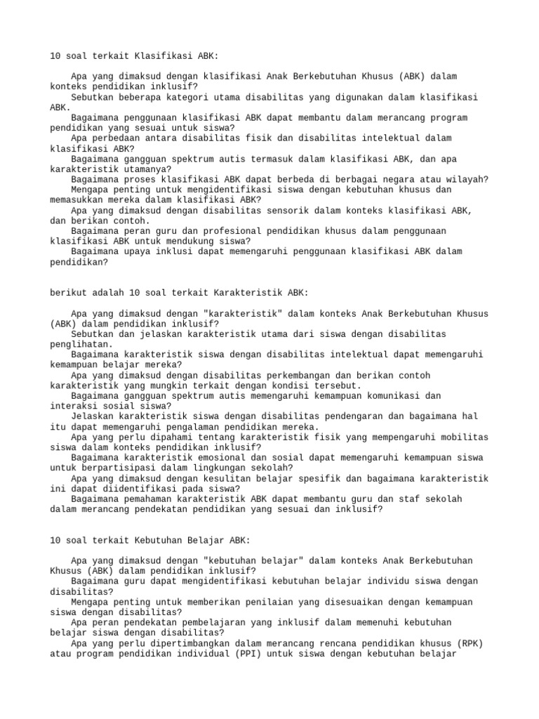 10 soal terkait Klasifikasi ABK | PDF