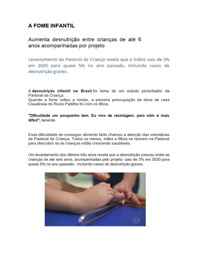 Reportagem a fome infantil | PDF | Desnutrição | Fome