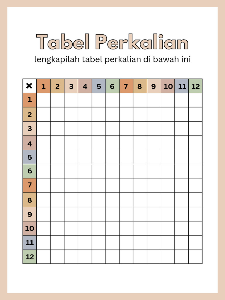 Colourful Pastel Multiplication Grid 1-12 Times Table Worksheet | PDF
