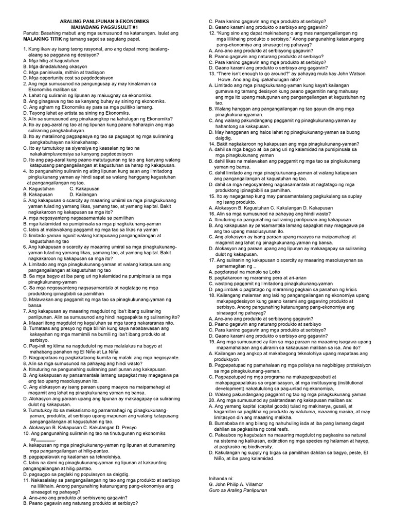 Ap9 Q1 Long Quiz 1 | PDF