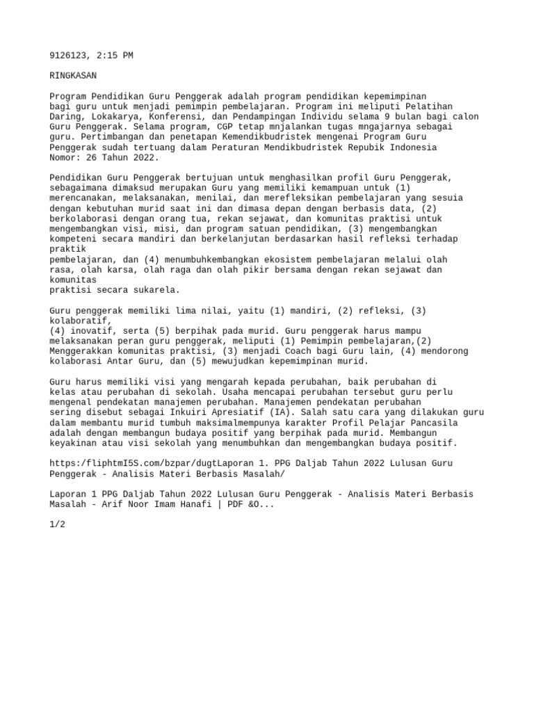 Laporan 1 PPG Daljab Tahun 2022 Lulusan Guru Penggerak - Analisis Materi Berbasis Masalah - Arif ...