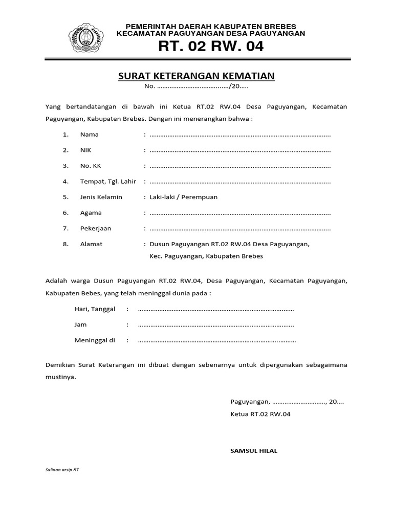Surat Kematian Dari RT | PDF