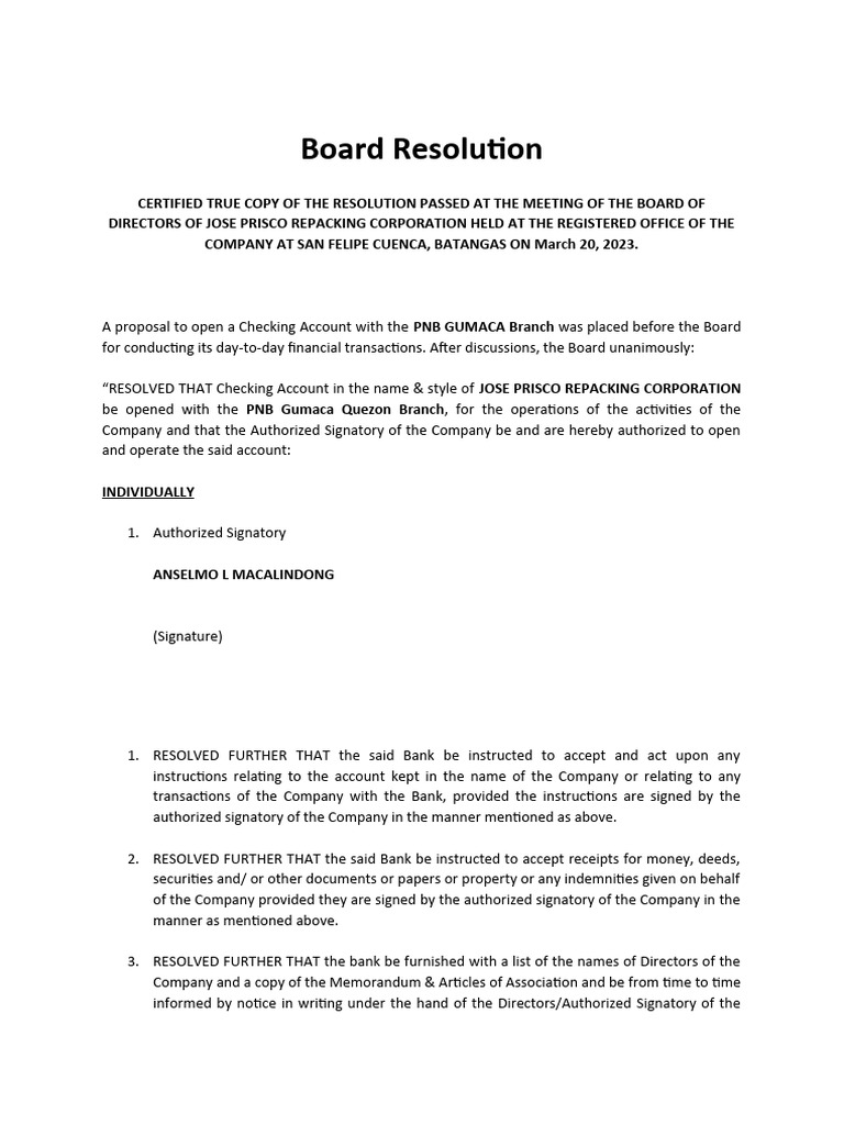Board Reso For Bank JPRC | PDF